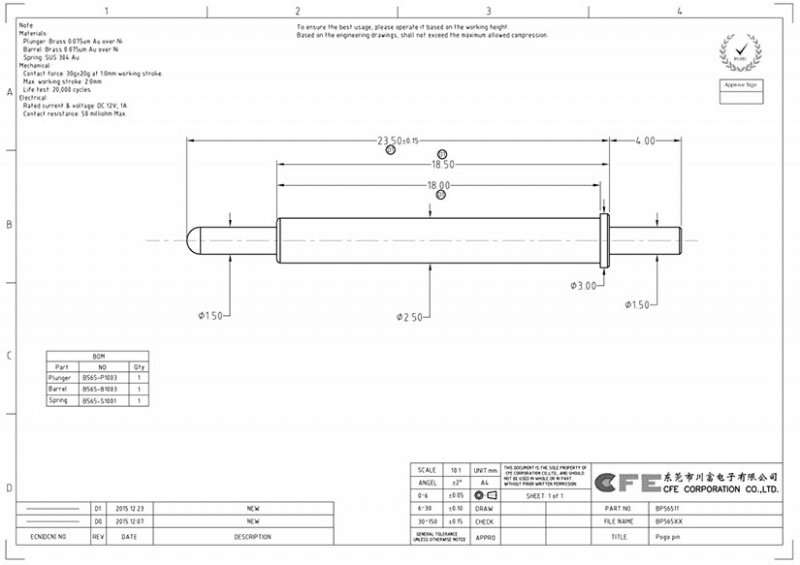 1a spring loaded contact pogo pins manufacturer - CFE connector